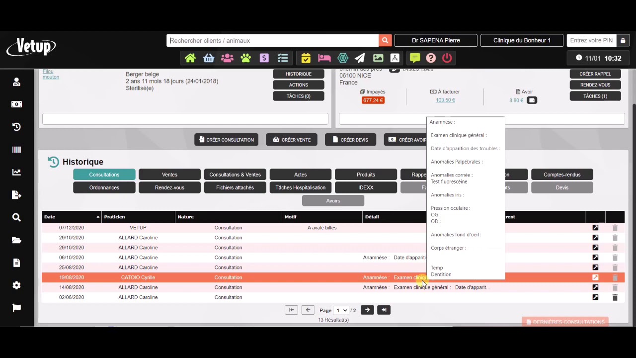 Consulter l'historique des visites d'un client - Vetup Help